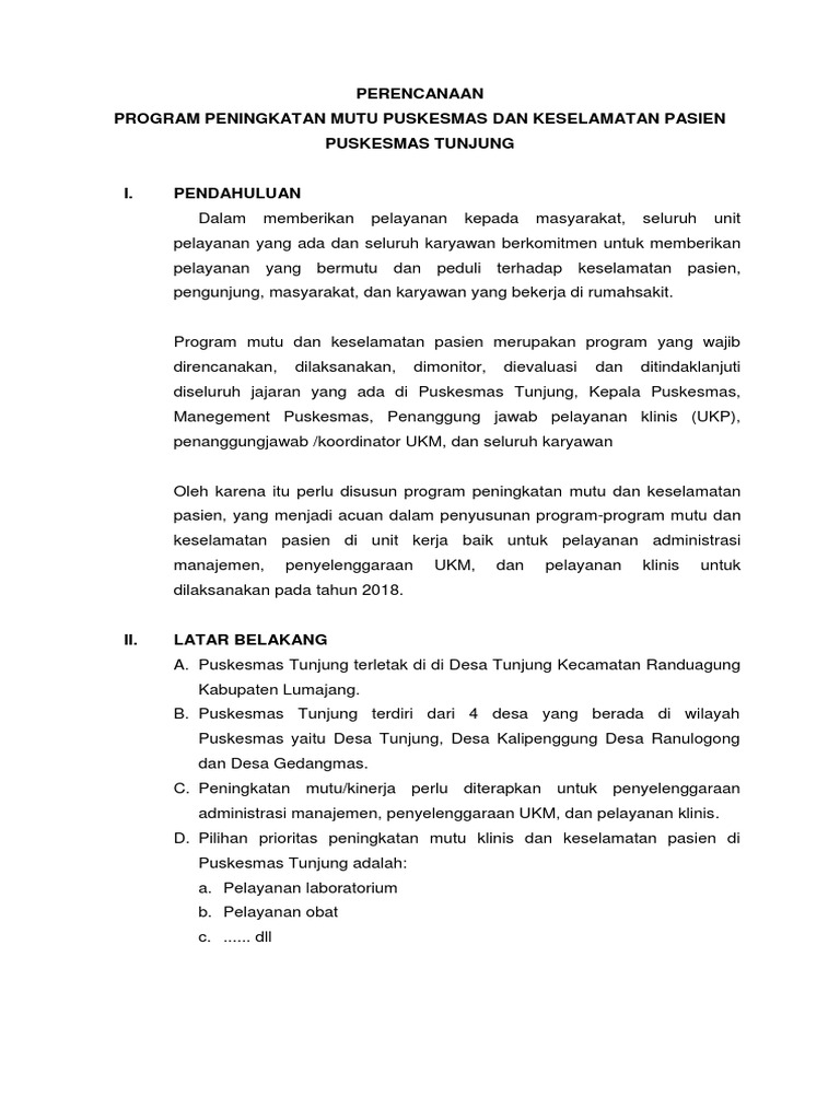 Contoh Program Peningkatan Mutu Puskesmas Dan Keselamatan Pasien 1 | PDF