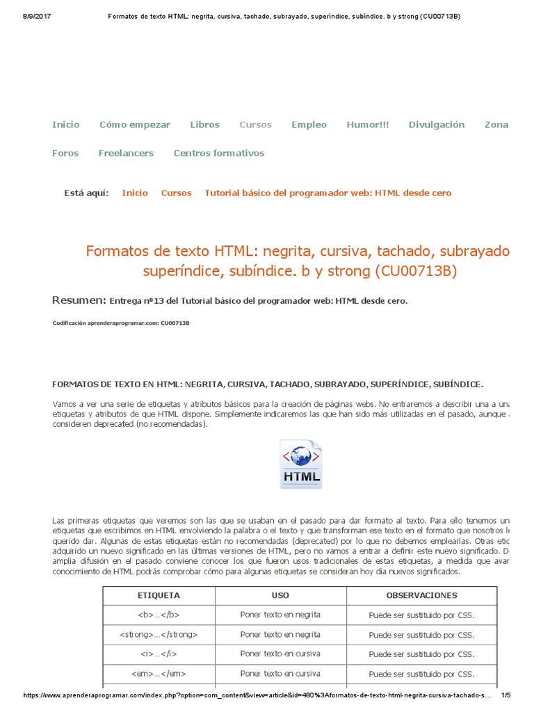 Formatos de Texto HTML - Negrita, Cursiva, Tachado, Subrayado, Superíndice, Subíndice ...
