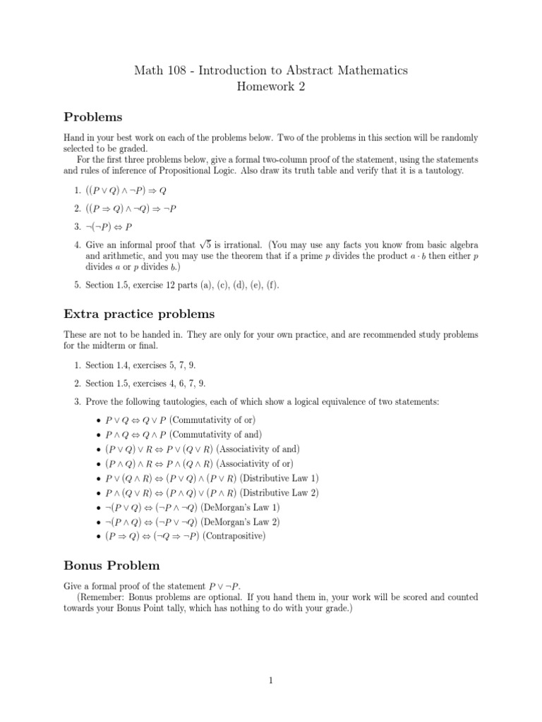 Math 108 - Introduction To Abstract Mathematics Homework 2 Problems | PDF
