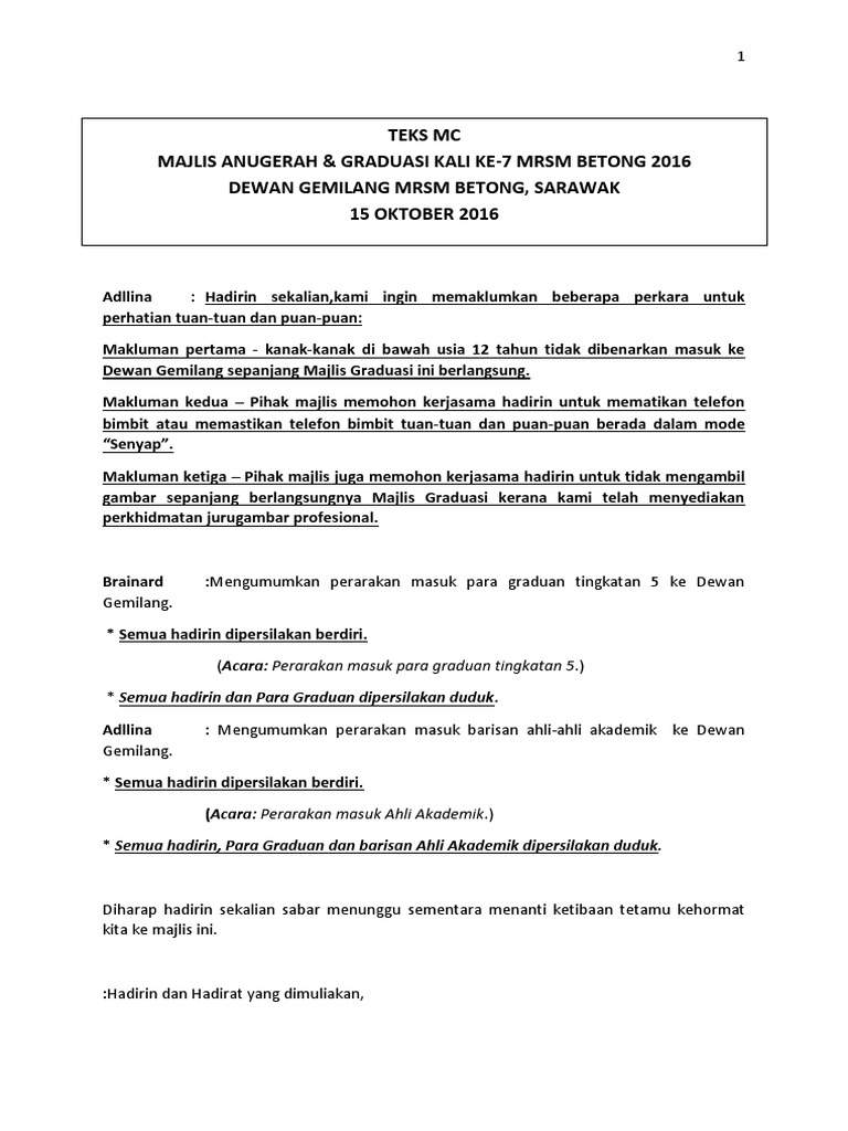 Teks Pengacara Majlis Anugerah Dan Graduasi MRSM Betong 2016 | PDF Teks Pengacara Majlis Anugerah Dan Graduasi MRSM Betong 2016 | PDF