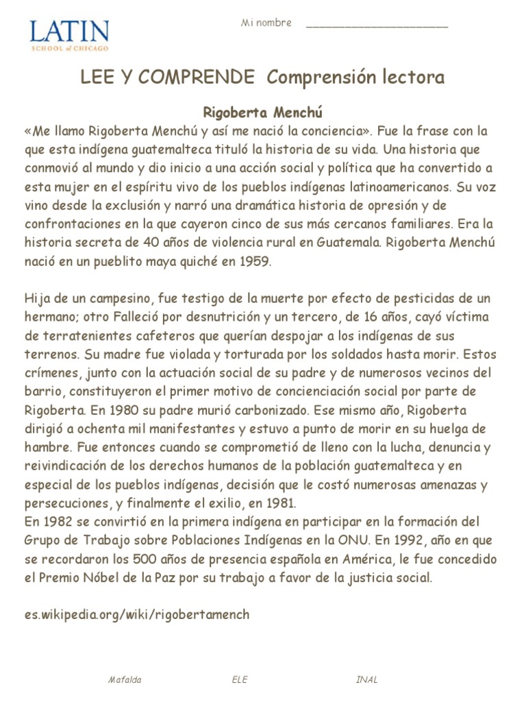 W05 INAL Comprension Lectora Rigoberta Menchu | PDF
