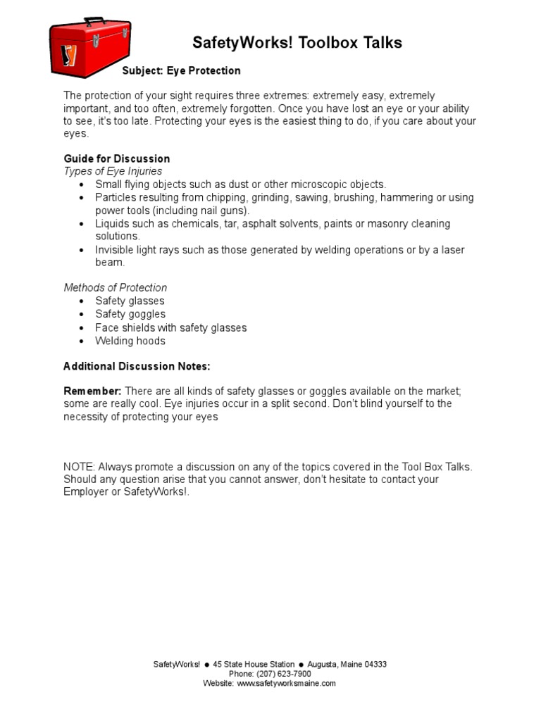 Safetyworks! Toolbox Talks: Subject: Eye Protection | PDF | Glasses ...