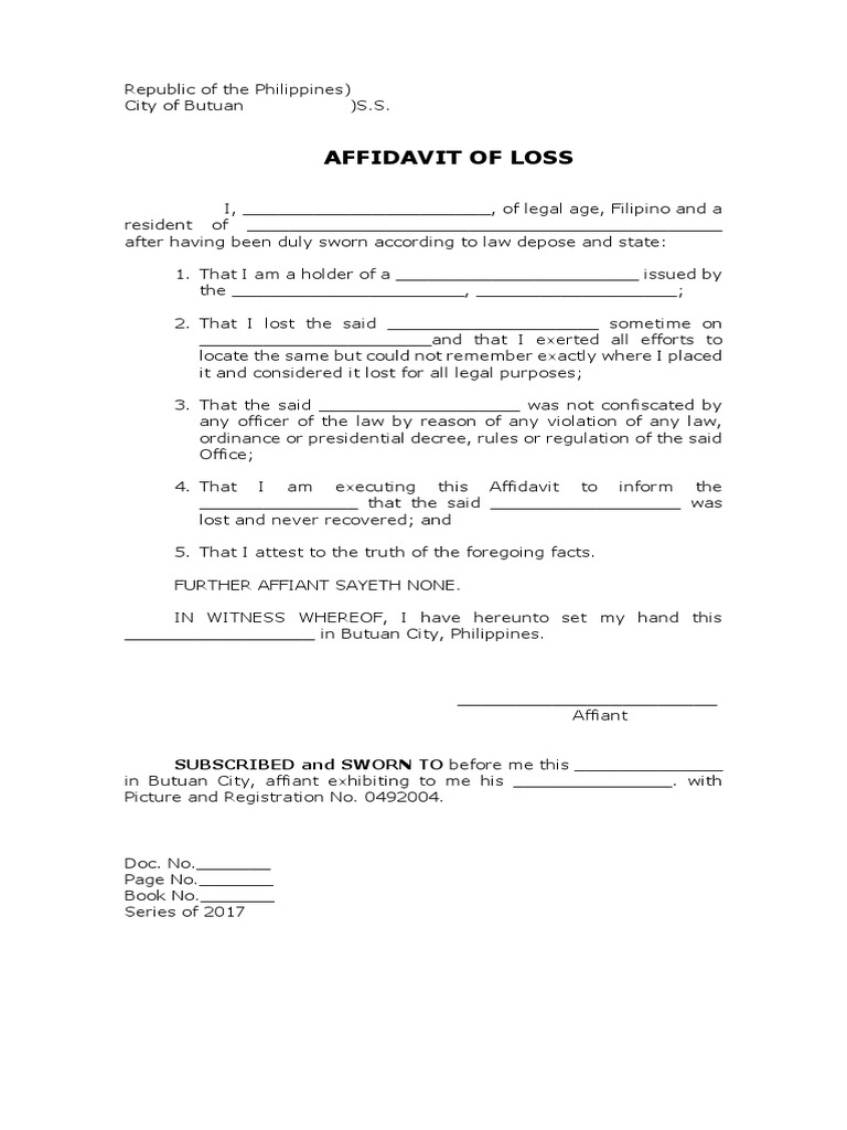 Affidavit of Loss - Blank | PDF