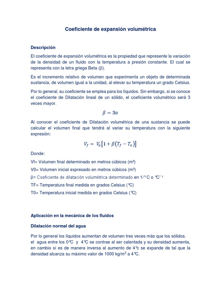 Coeficiente de Expansión Volumétrica del Agua | PDF | Propiedades del ...