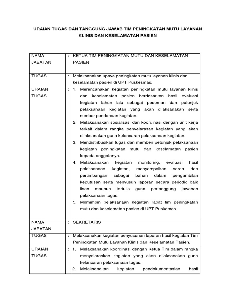Uraian Tugas Dan Tanggung Jawab Tim Peningkatan Mutu Layanan Klinis Dan ...