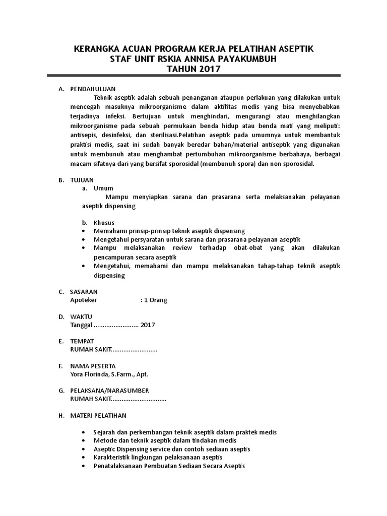 Kerangka Acuan Program Kerja Pelatihan Aseptik | PDF