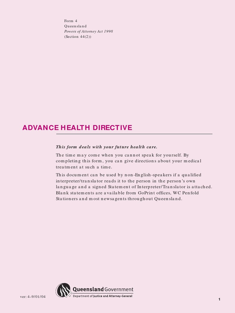 Advance Health Directive: Powers of Attorney Act 1998 | PDF | Power Of ...