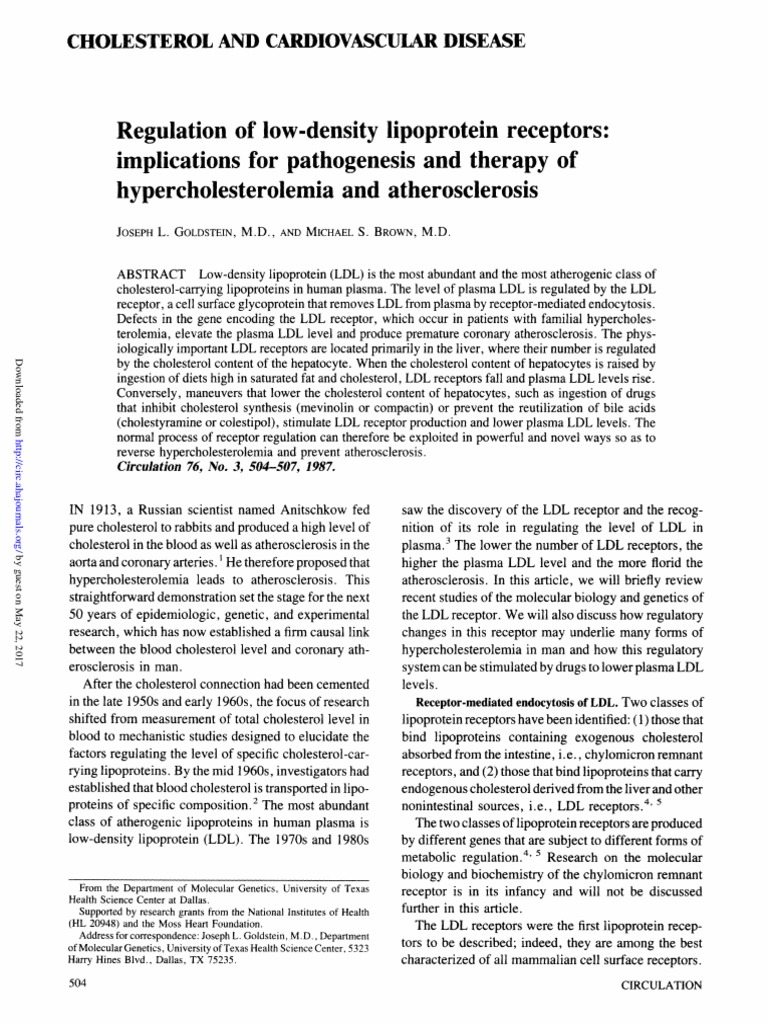 Regulation Receptors: Implications For Pathogenesis Therapy of Hypercholesterolemia | PDF ...