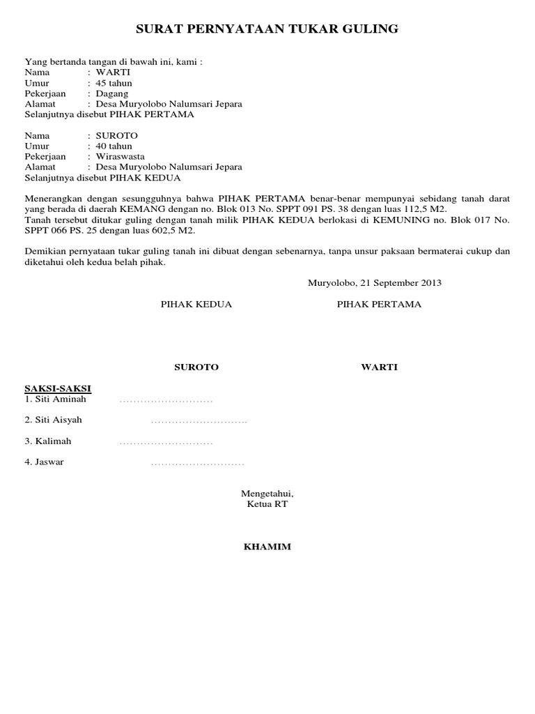 Surat Pernyataan Tukar Guling | PDF