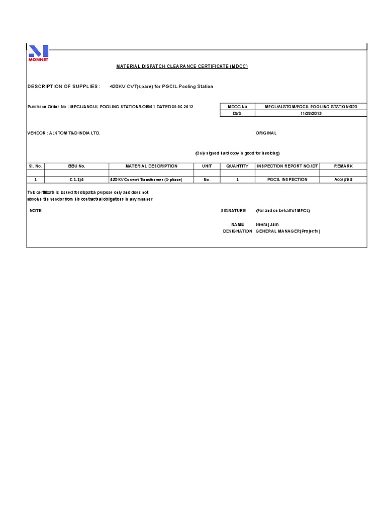 MDCC for 420KV CVT Dispatch | PDF