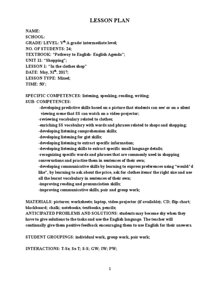 Vth Grade Shopping Lesson Plan | PDF | Reading Comprehension | Human ...