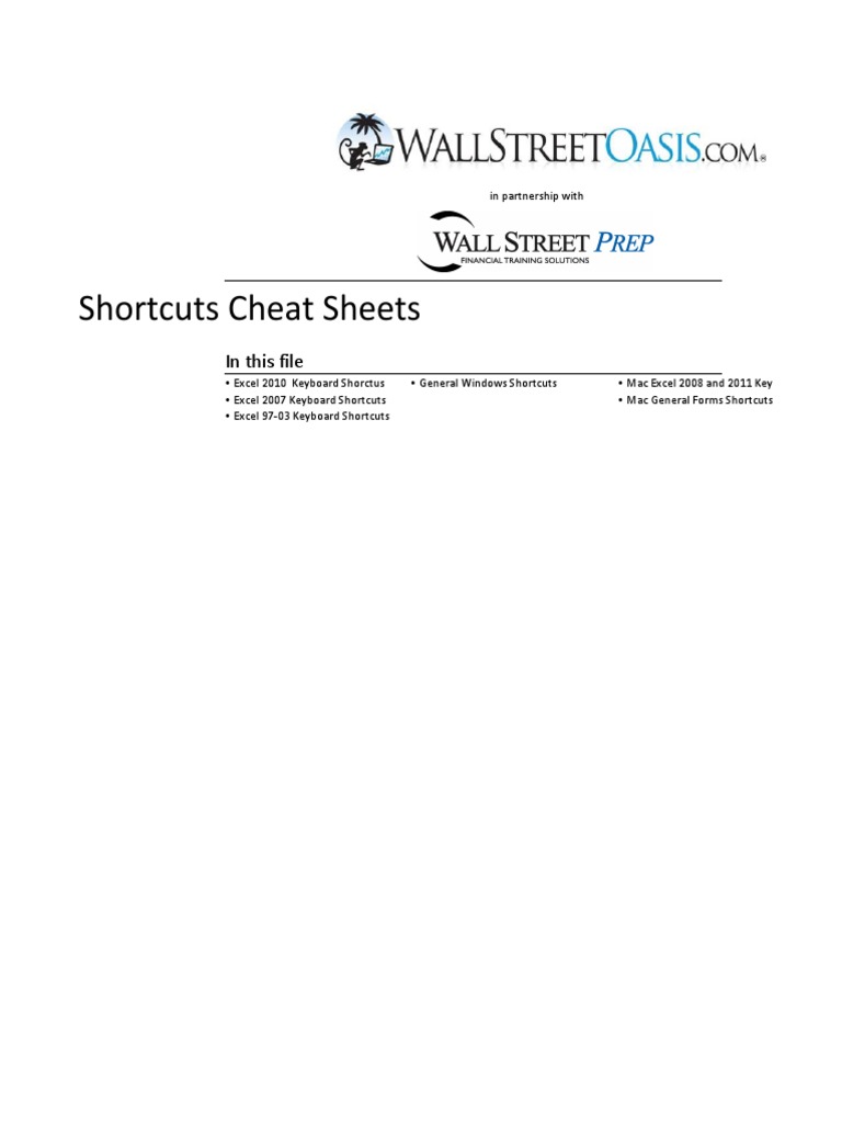WSO&WSP-Shortcuts Cheat Sheets | PDF | Microsoft Excel | Keyboard Shortcut