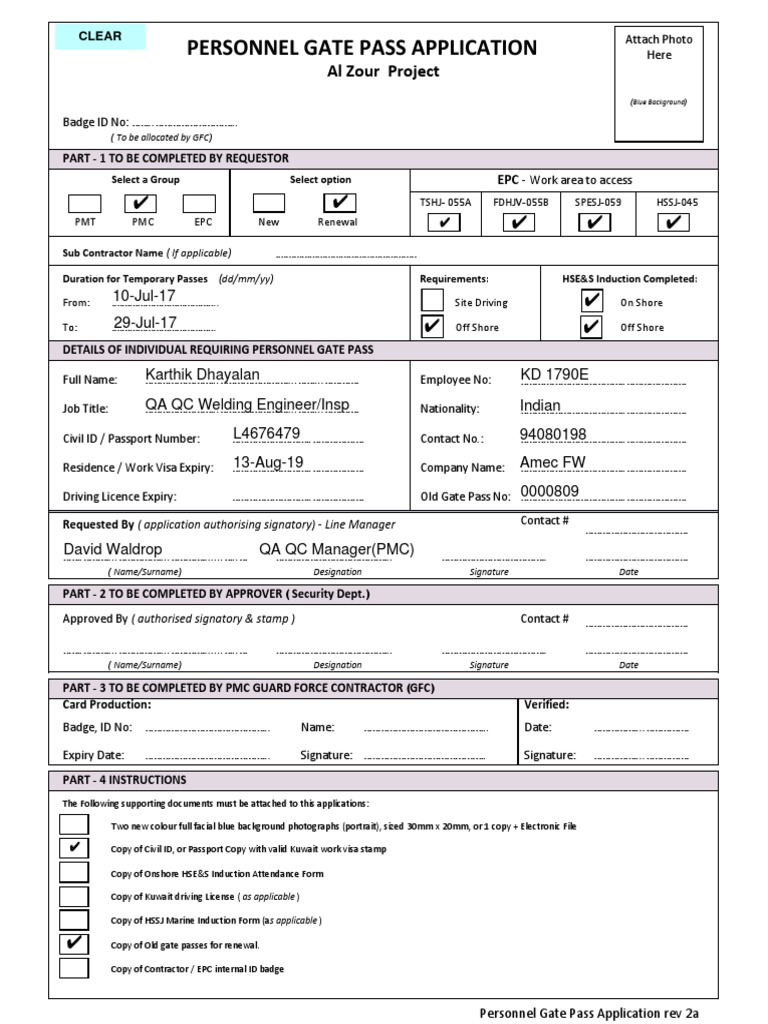 Personnel Gate Pass Application Rev 2a | PDF | Identity Document ...