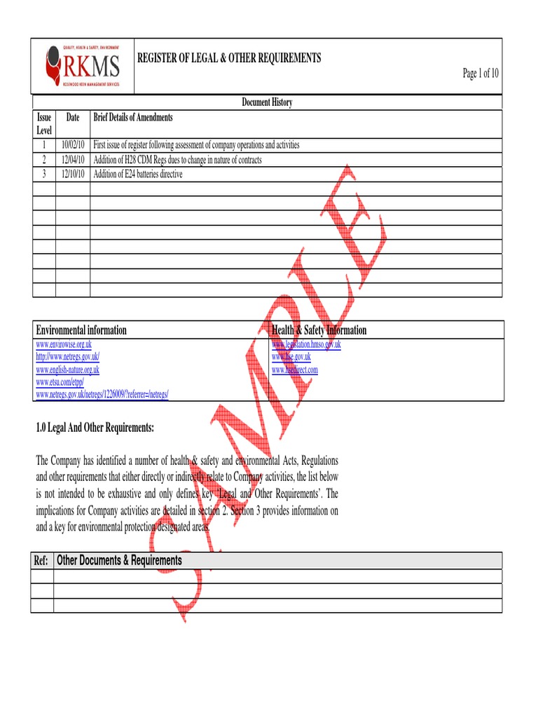 Register of Legal and Other Requirements | PDF | Occupational Safety ...