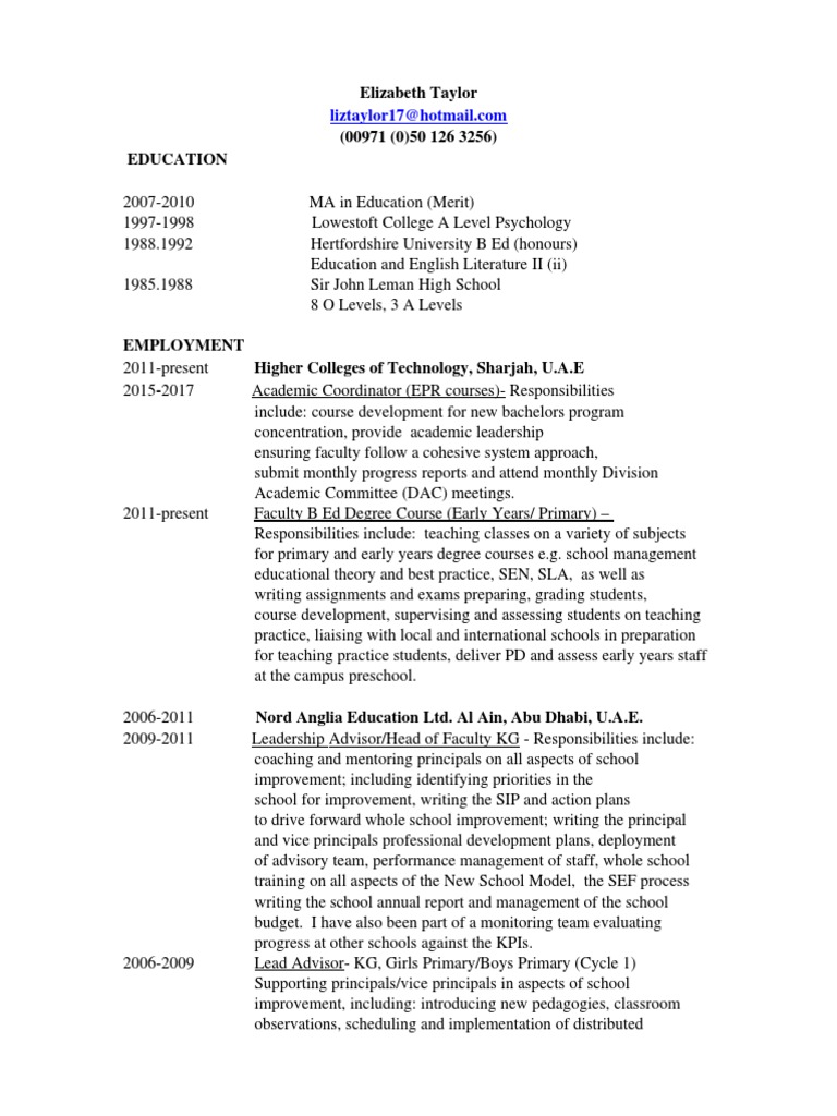 CV Liz Taylor | PDF | Schools | Teachers
