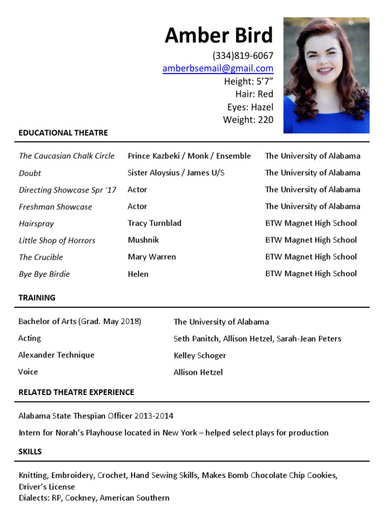 Amber Bird: Theatre Resume & Skills | PDF