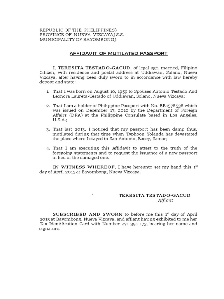 Affidavit of Mutilated Passport - Corpuz | PDF
