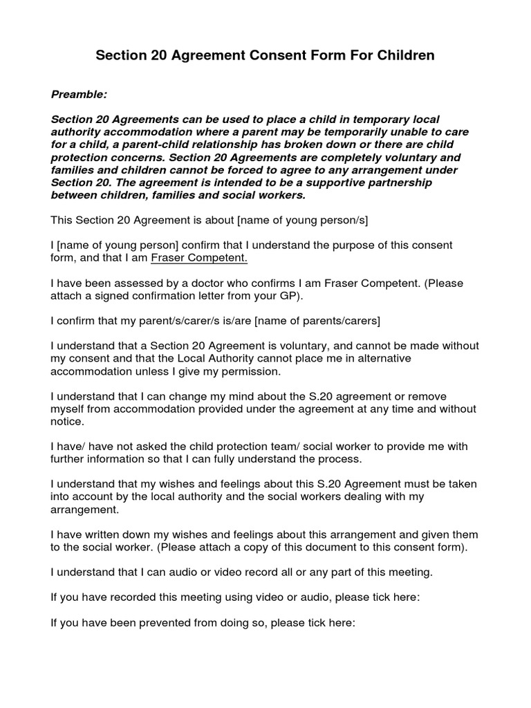 Section 20 Consent Form - Children | Child Protection | Consent