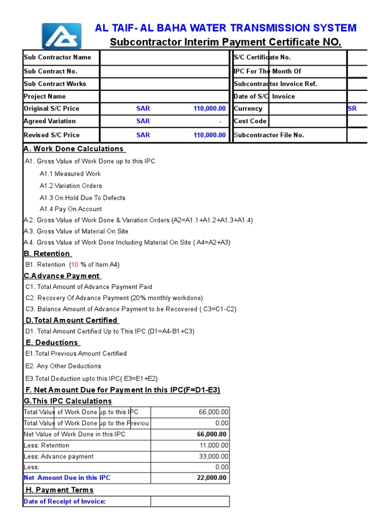 Subcontractor Interim Payment Certificate NO.: Al Taif-Al Baha Water ...
