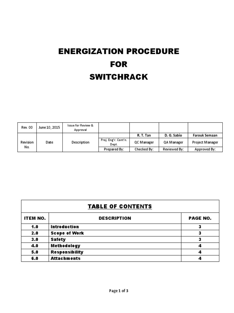 Switchrack Energization Procedure | PDF | Electricity | Electrical ...