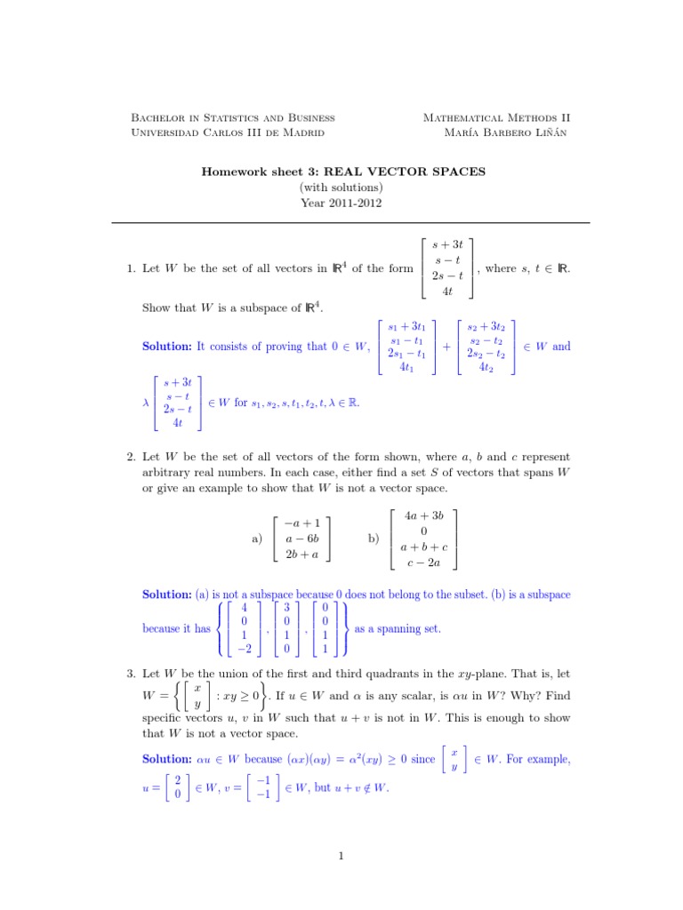 Homework Sheet 3 Solutions | PDF | Linear Subspace | Basis (Linear Algebra)