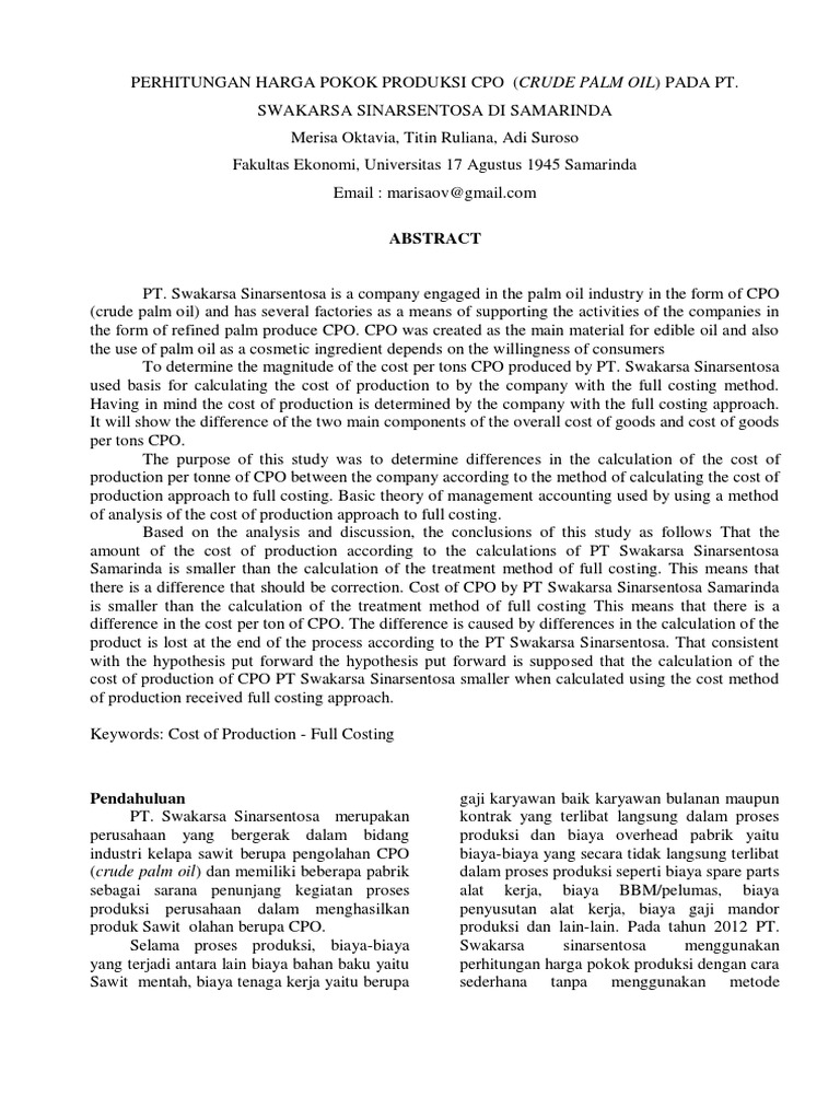 ID Perhitungan Harga Pokok Produksi Cpo Crude Palm Oil Pada PT Swakarsa Sinarsentos | PDF