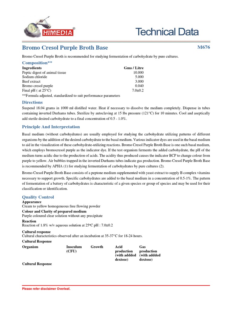 Bromo Cresol Purple Broth Base: Composition | PDF | Growth Medium ...