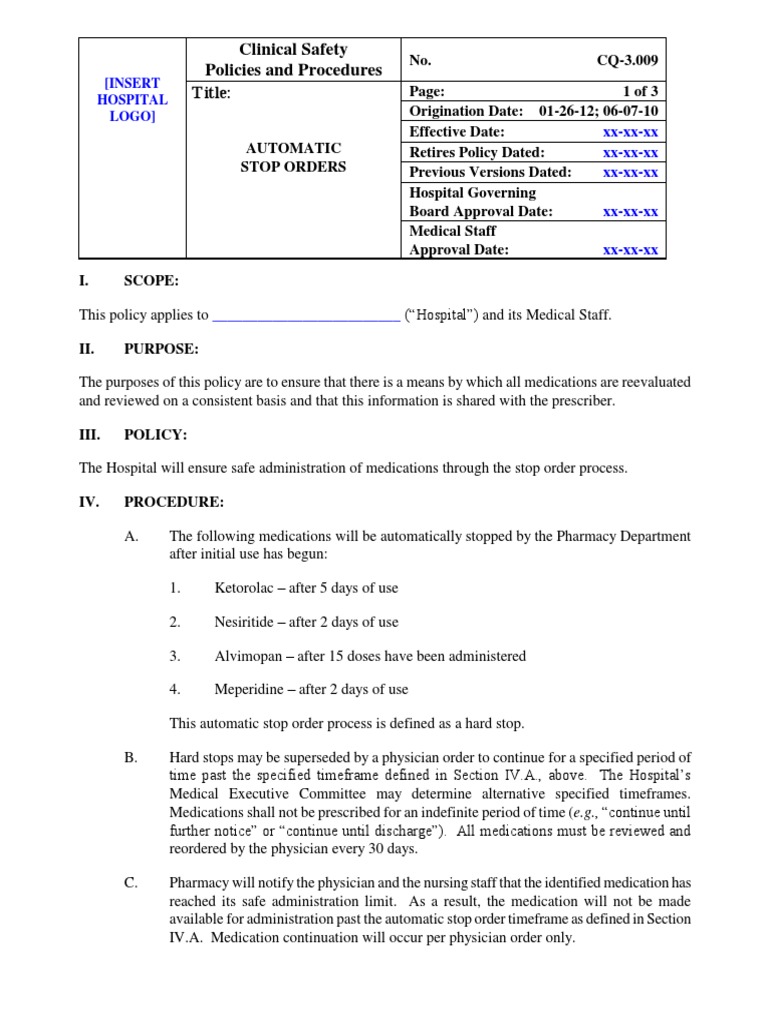 Automatic Stop Orders | Pharmacy | Pharmaceutical Drug