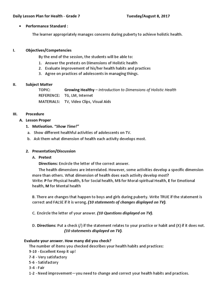 Grade 7 Health: Holistic Health Lesson Plan | PDF | Lesson Plan ...