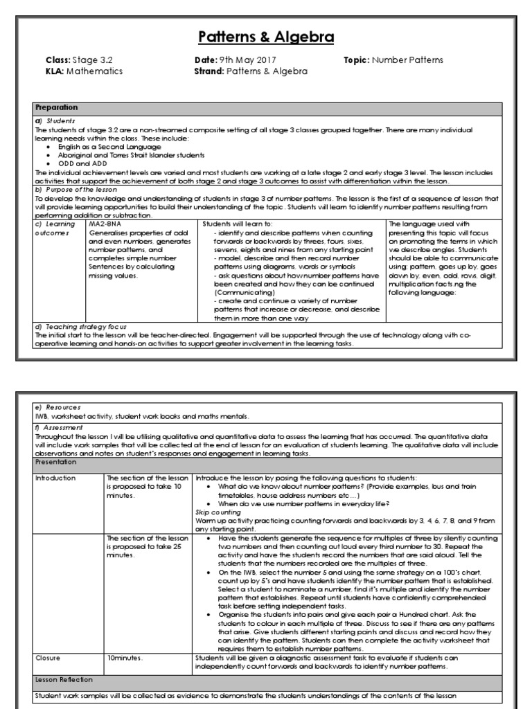 Patterns Algebra - Lesson Plan | PDF | Algebra | Educational Assessment