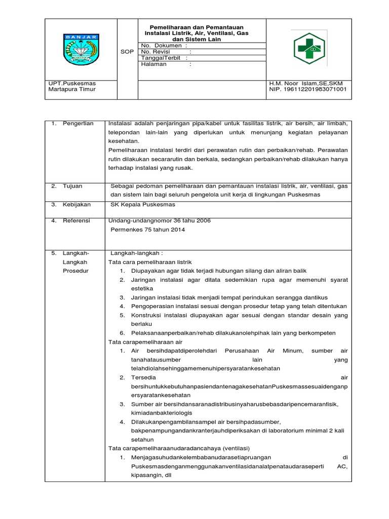 (8.5.1.2) SOP Pemeliharaan Dan Pemantauan Instalasi Listrik, Air ...