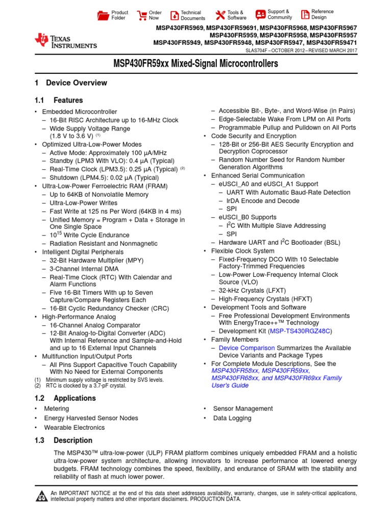 MSP 430 FR 5969 | PDF | Microcontroller | Electronics