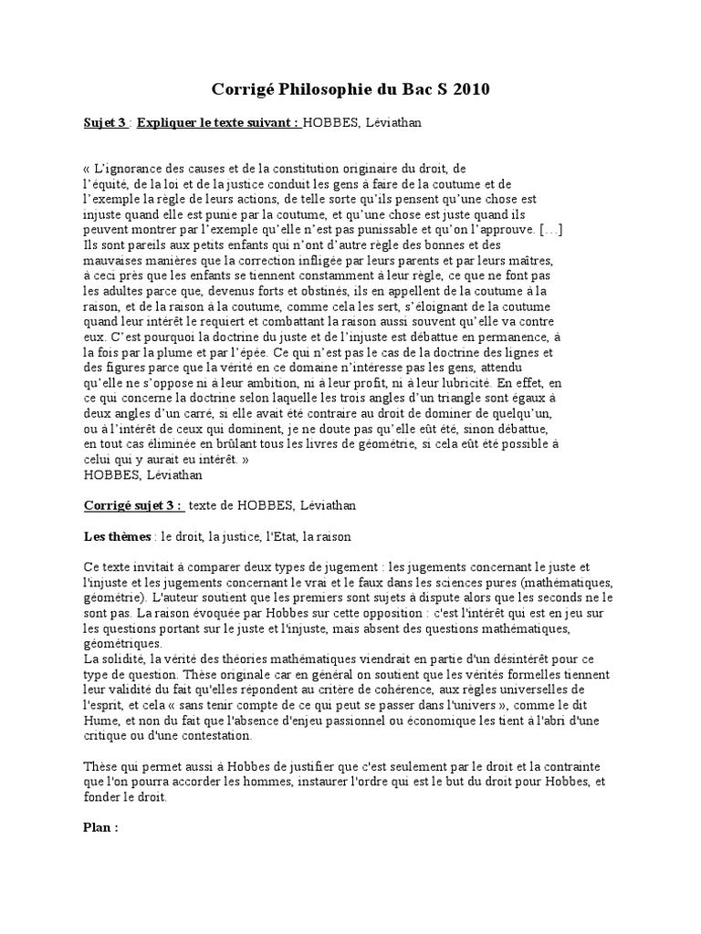 Bac S 2010 Philosophie Sujet 3 Corrigé | PDF | Thomas Hobbes | Justice