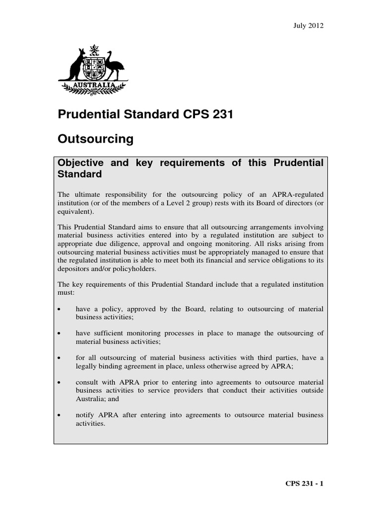 Prudential Standard CPS 231 Outsourcing | PDF | Internal Audit ...