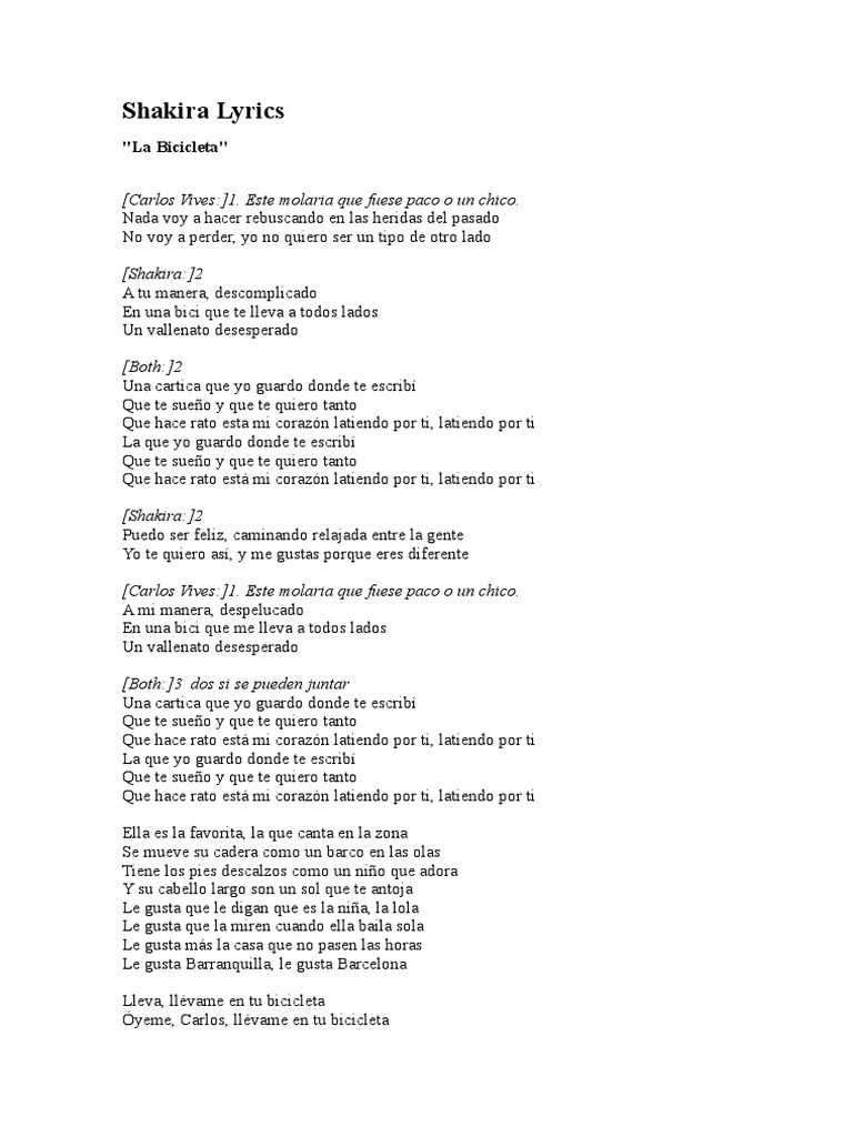 Letra de "La Bicicleta" de Shakira | PDF | Ocio | Entretenimiento (general)