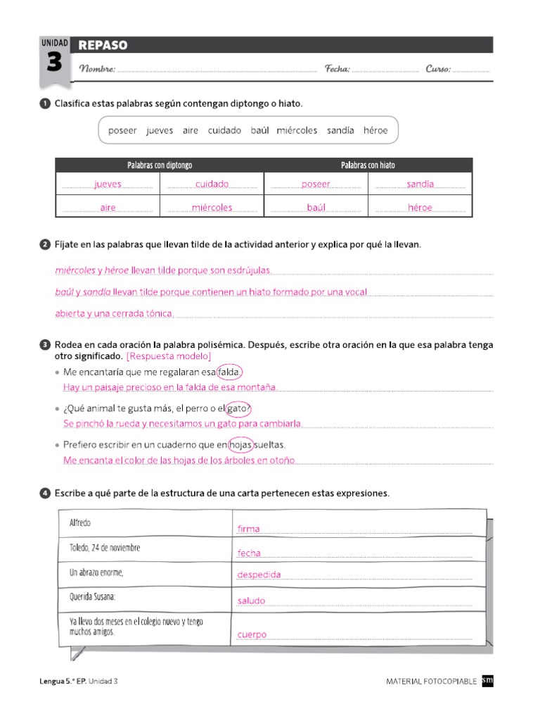 Repaso Refuerzo y Ampliacion Tema 3 Lengua Proyecto Savia PDF | PDF