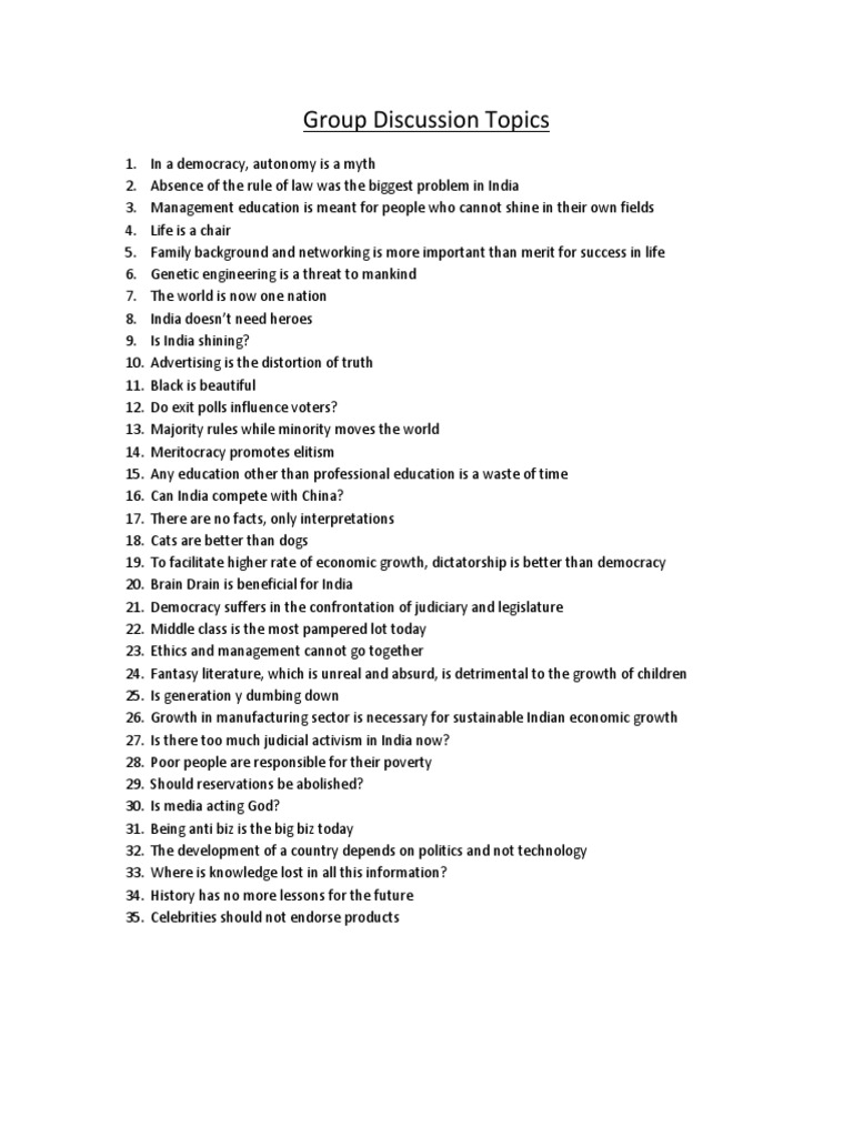 Group Discussion Topics | PDF | Meritocracy | Democracy