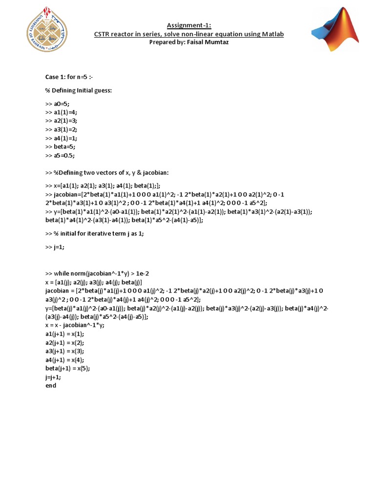 Assignment-1: CSTR Reactor in Series, Solve Non-Linear Equation Using Matlab | PDF