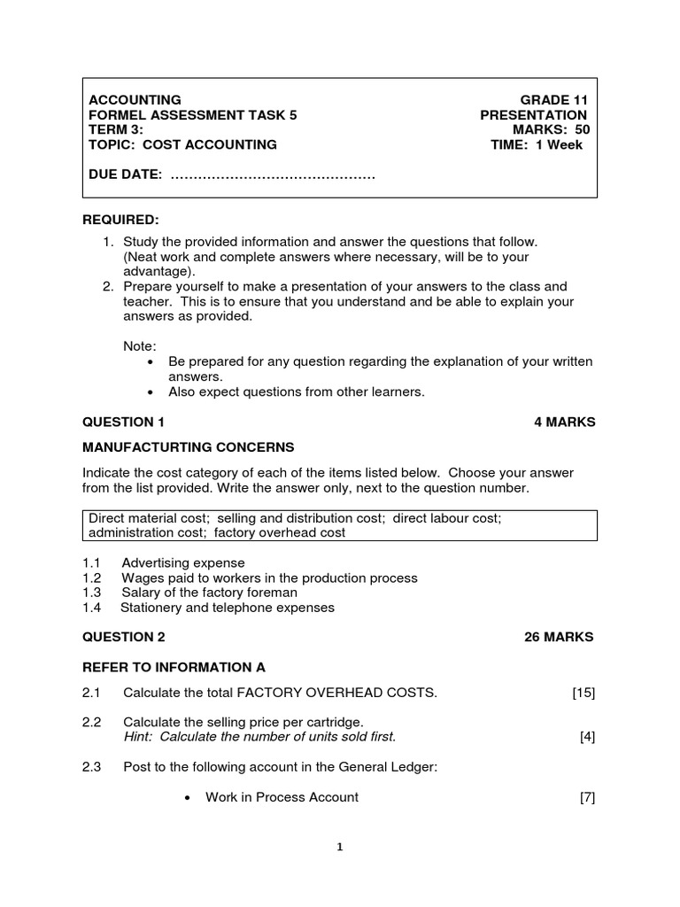 Grade 11 Term 3 Cost Accounting Task | PDF | Cost | Economics