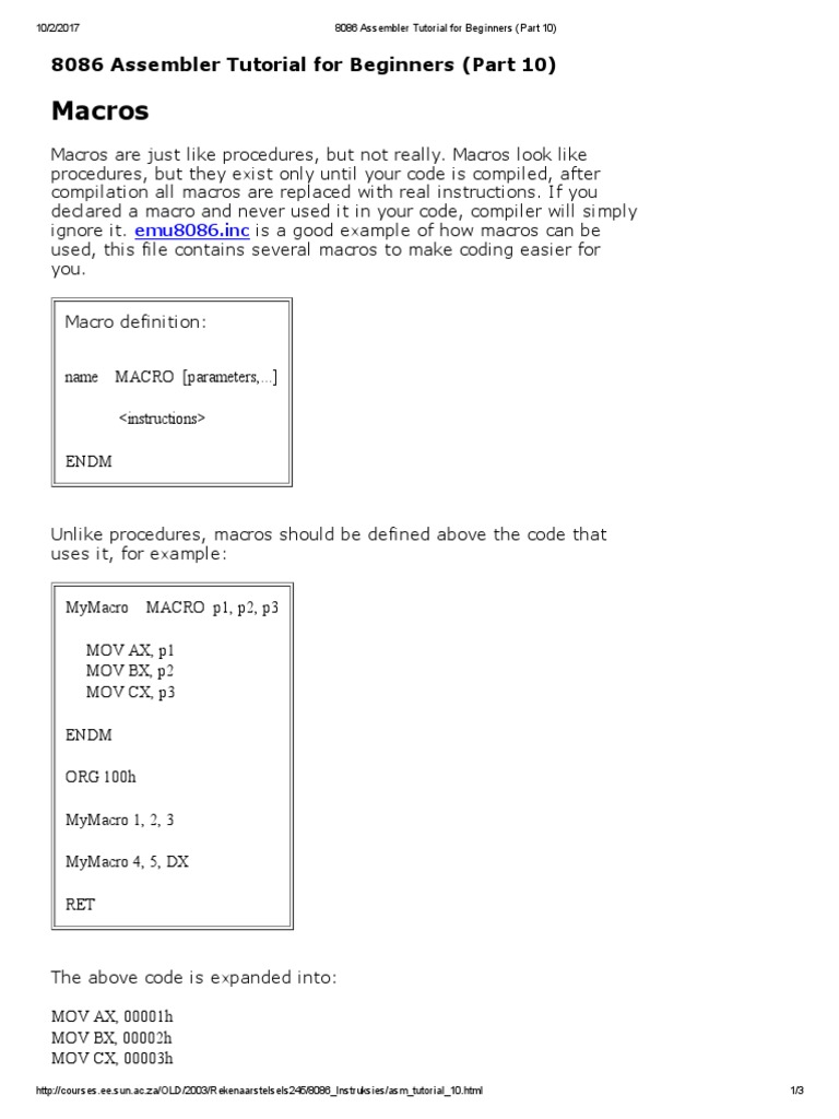 8086 Assembler Tutorial For Beginners (Part 10) | PDF | Assembly Language | Subroutine