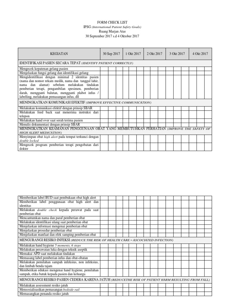 Checklist Keamanan Pasien IPSG 2017 | PDF | Sains & Matematika