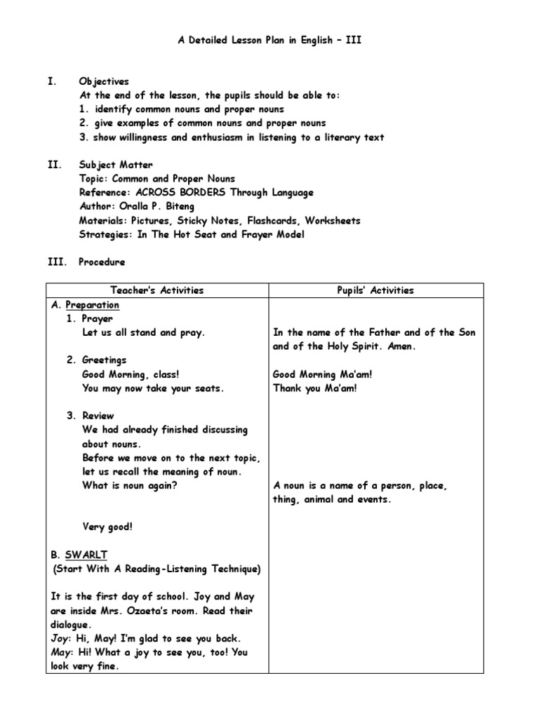 Lesson Plan in English | Lesson Plan | Noun