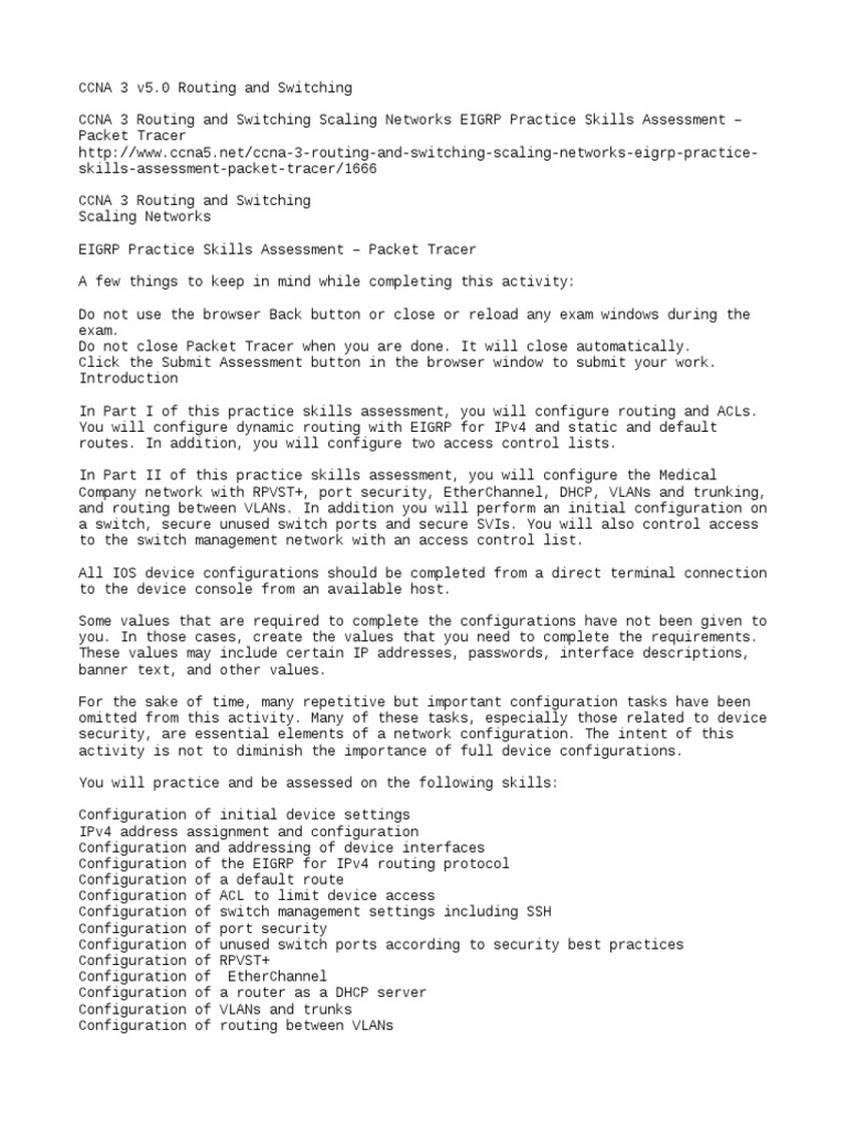 Eigrp Practice Skills Exam Ccna3 | PDF | Network Switch | Router (Computing)