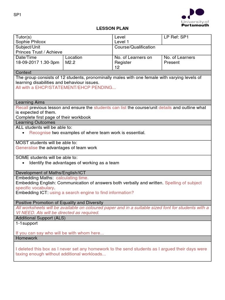 Lesson Plan 1 Sophie | PDF | Worksheet | Lesson Plan