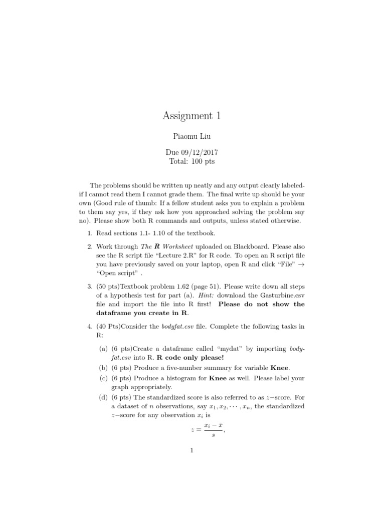 Assignment 1 | PDF | Standard Deviation | Statistics