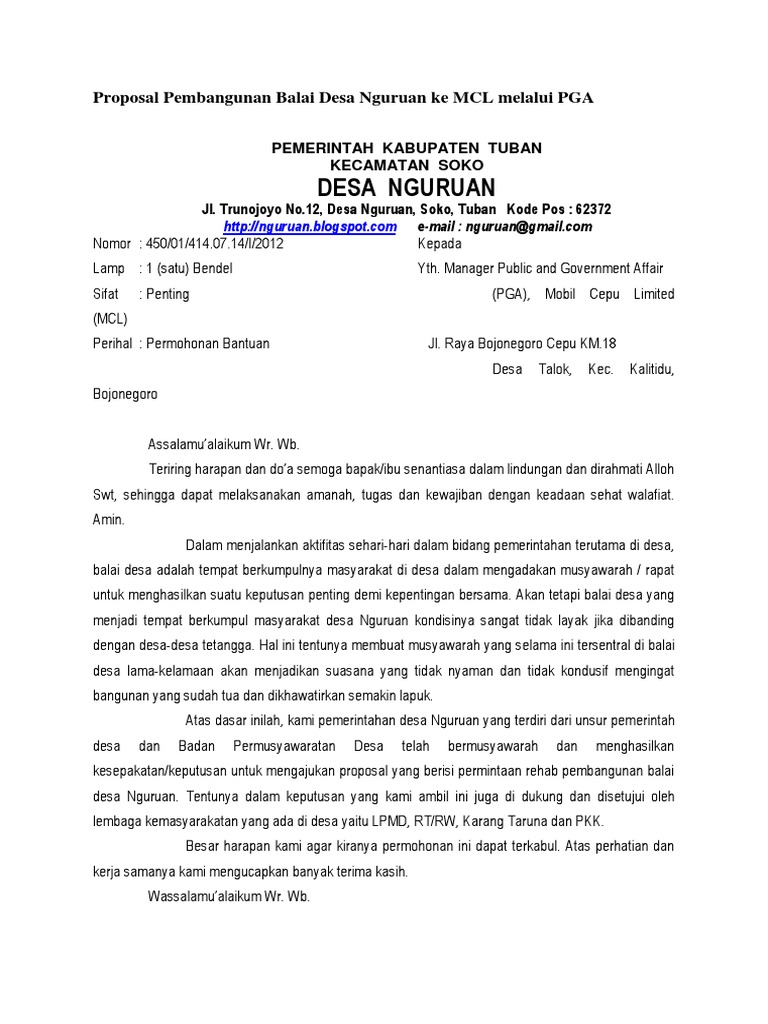 Proposal Pembangunan Balai Desa Nguruan Ke MCL Melalui PGA | PDF