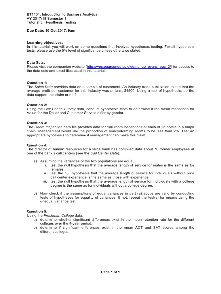 Tutorial 5 Hypothesis Testing | PDF | Statistical Hypothesis Testing ...