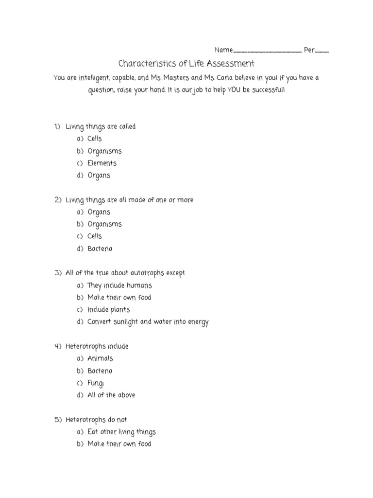Characteristics of Life Assessment Ms | PDF | Organisms | Eukaryotes