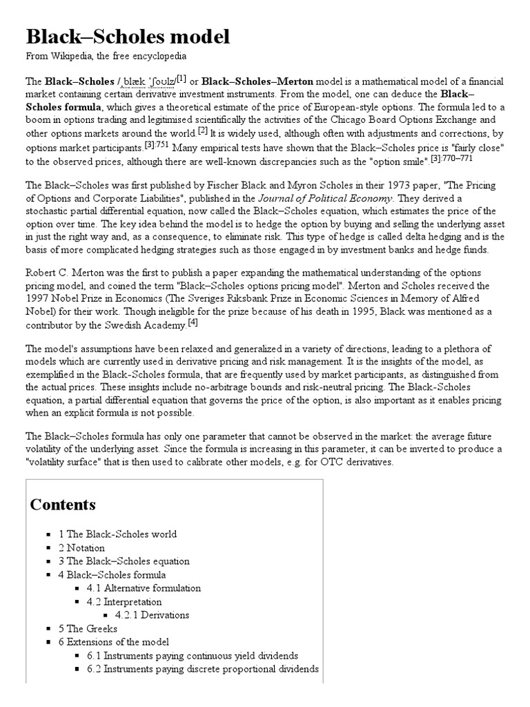 Black–Scholes model.pdf | Black–Scholes Model | Greeks (Finance)