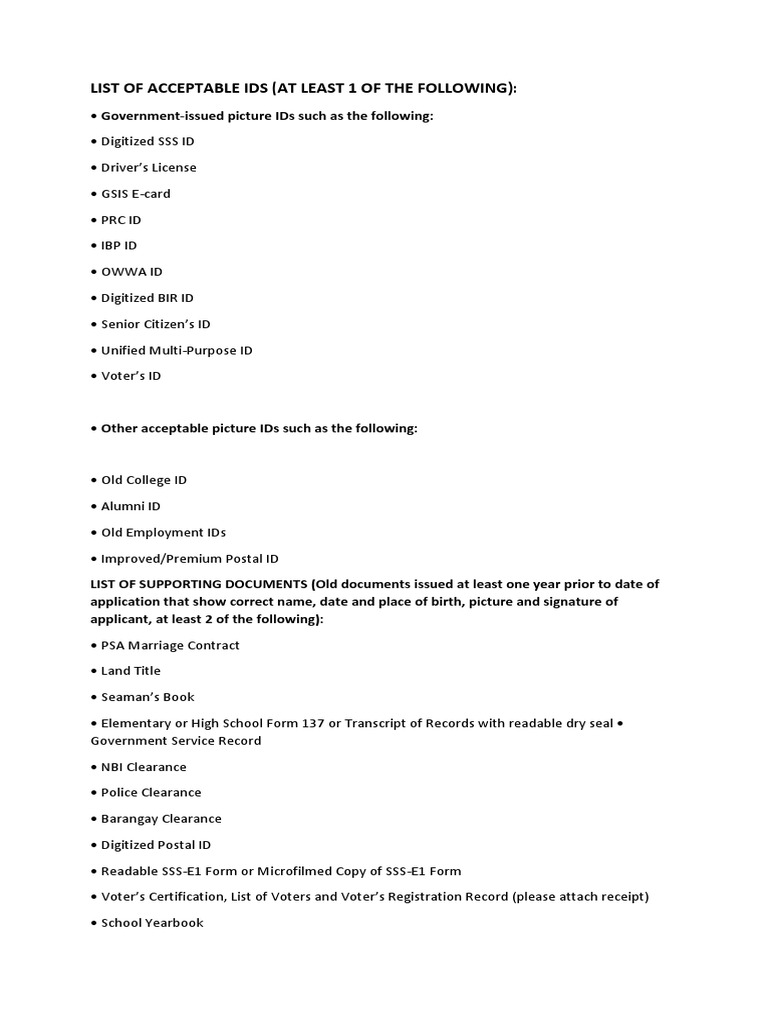 List of Acceptable Ids | PDF | Identity Document | Glasses